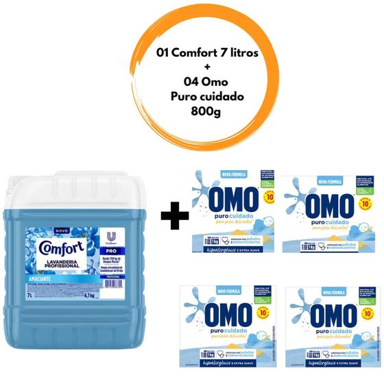 Kit 01 Amaciante de Roupas Comfort 7 L + 04 Caixas Sabão em Pó Omo Puro ...
