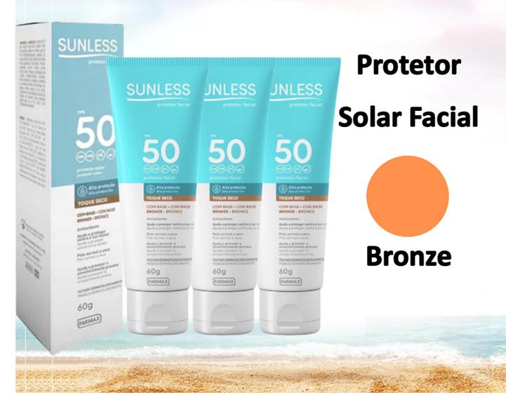Kit 03 UN - Protetor Solar Facial Bege Medio Fps50 Sunless 60g ...