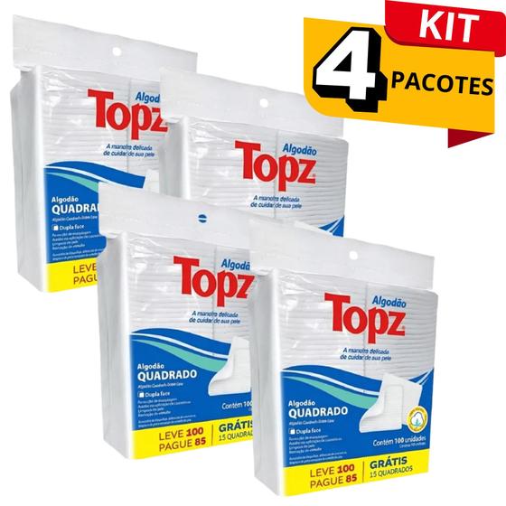 KIT 04X Algodão Quadrado TOPZ 100UN. Dupla Face Limpeza Facial ...