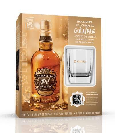 Kit 1 chivas regal xv (15 anos) 750 ml + 1 copo de vidro personalizado - Copo de Whisky ...
