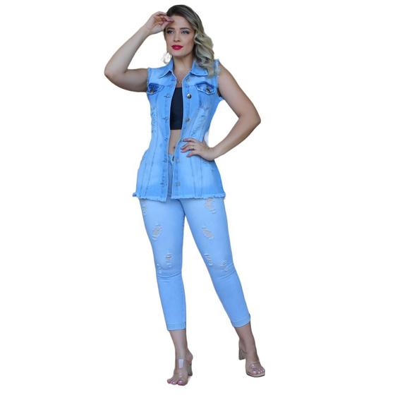 Kit 1 Colete Jeans 100% Algodão + Calça Feminina Jeans Com Licra Azul ...