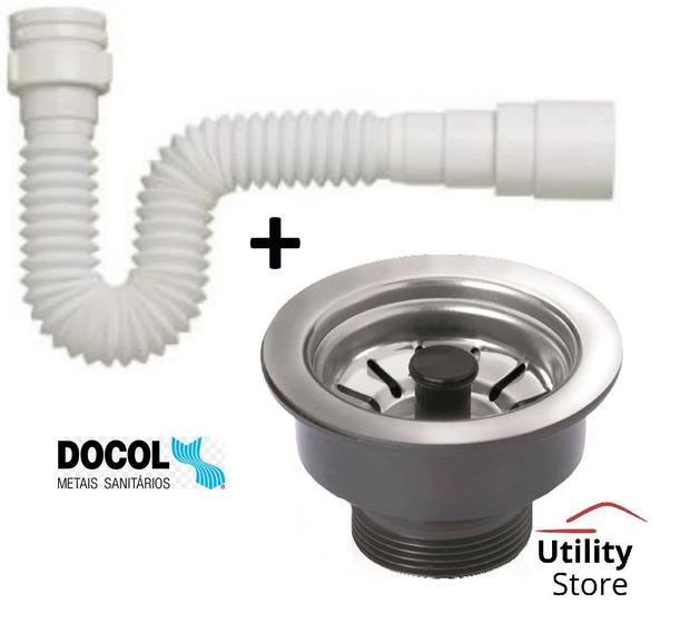 Kit 1 válvula de escoamento pia cozinha (forjada) 3.1/2 docol + 1 sifão ...