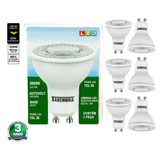 Kit 10 Lâmpada Led Dicroica Mr16 Tdl 50 7w 6500k Bivolt Taschibra