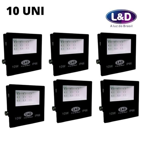 Kit 10 Refletores LED SLIM 10W BIVOLT BRANCO 6500K IP66 COMERCIO OU IGREJA 990120 - L&D ...