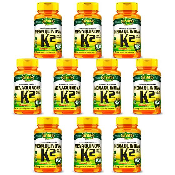 Kit 10 vitamina k2 menaquinona mk-7 60 caps de 500 mg unilife ...