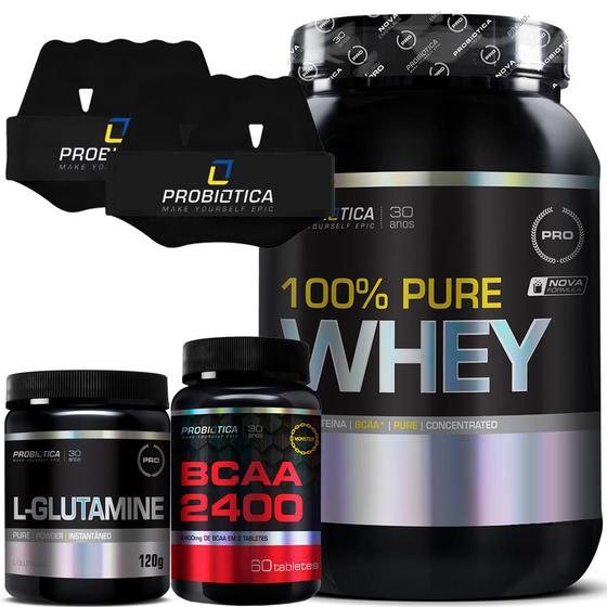Kit 100 Pure Whey 900g Bcaa 2400 Glutamina Probiótica