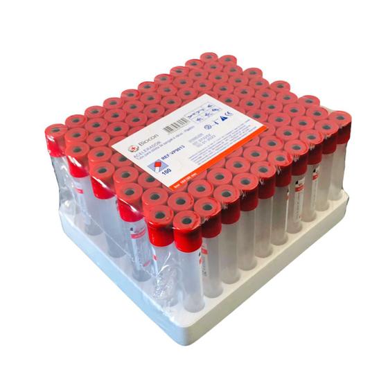Kit 100 Tubo Coleta Sangue Acelerador 9mL 16x100mm Vermelho - Biocon ...
