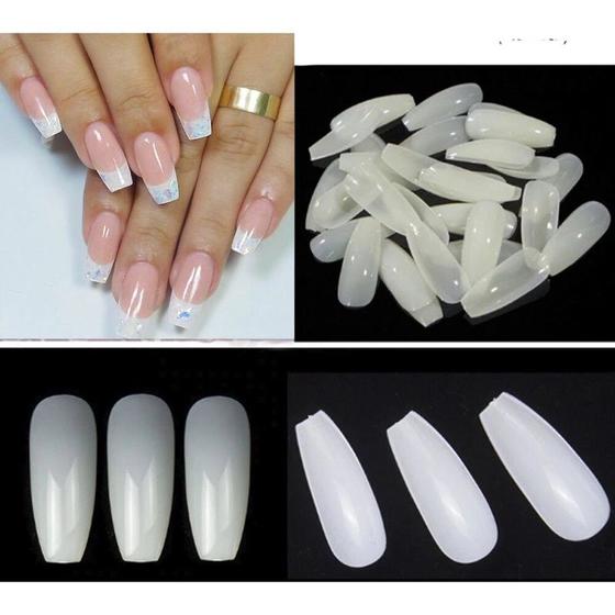 Kit 100 Unhas postiça Tips Realista Bailarina Leitosa Transparente ...