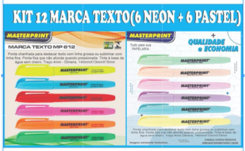 KIT 12 Marca Texto(6 neon + 6 pastel) Masterprint - Caneta Marca Texto ...