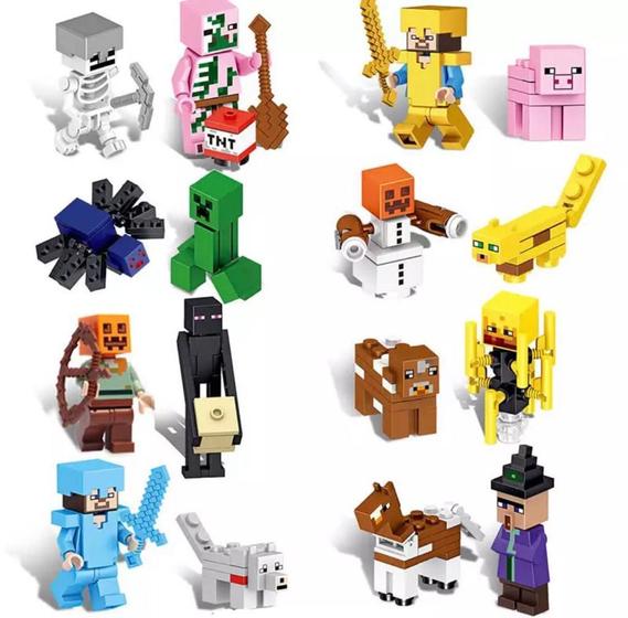 Kit 16 Bonecos Minifigures Blocos De Montar Minecraft Top - Mega Block ...