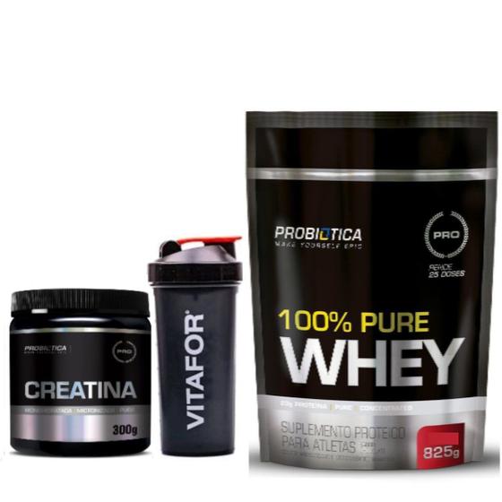 Kit 1oo Pure Whey Refil 825g Sabor Morango Coqueteleira Creatina