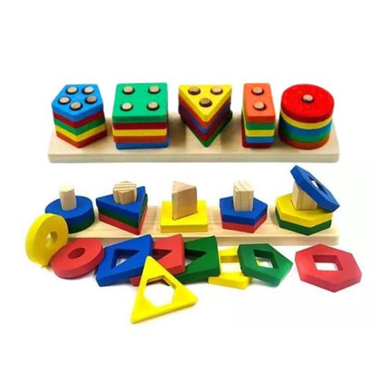 Kit 2 Brinquedos Educativos de Encaixe Pino Madeira Primeira Infância Colorido Formas ...