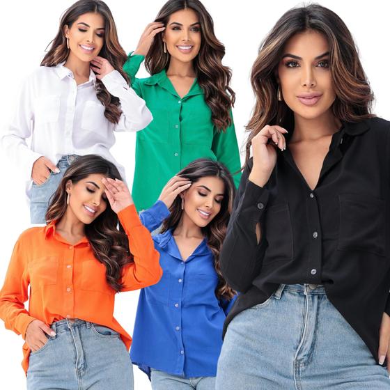Kit 2 Camisa Feminina Camisete Manga Longa Com Bolso Casual Fechamento ...