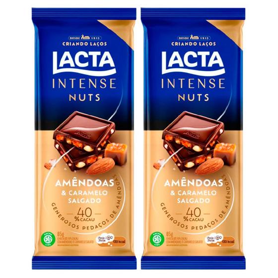 Kit 2 Chocolate Lacta Intense Nuts 40% Cacau Amêndoas e Caramelo Salgado 85g - Chocolate / Barra ...