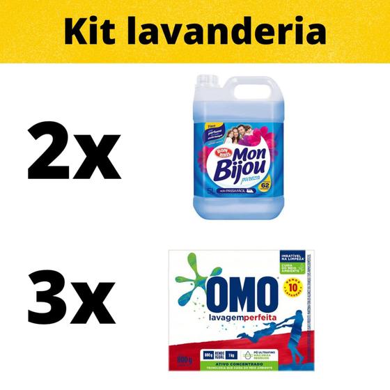 Kit 2 galões amaciante mon bijou 5l + 3 caixas sabão em pó omo 800g ...