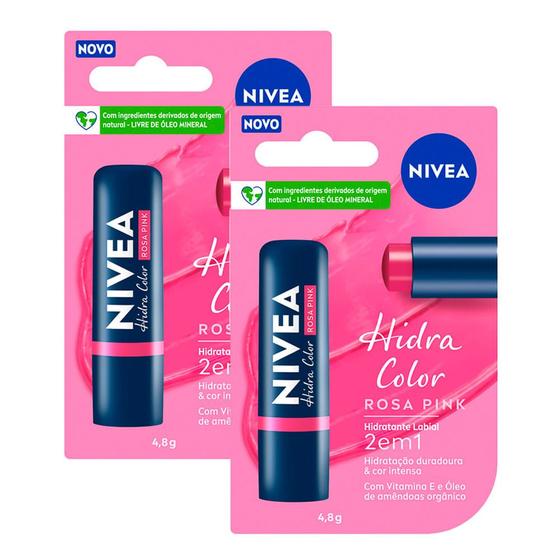 Kit 2 Hidratante Labial Nivea Hidra Color 2 em 1 Rosa Pink 4,8g ...