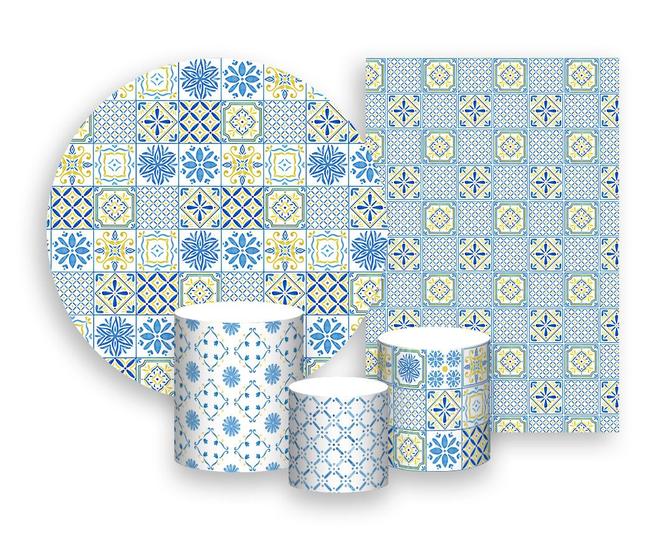 Kit 2 Painéis De Festa + Trio De Capas Cilindro - Efeito Azulejo Azul ...