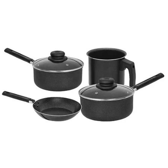 Kit 2 Panelas + Frigideira + Canecao Preto Antiderente Tampa de Vidro ...