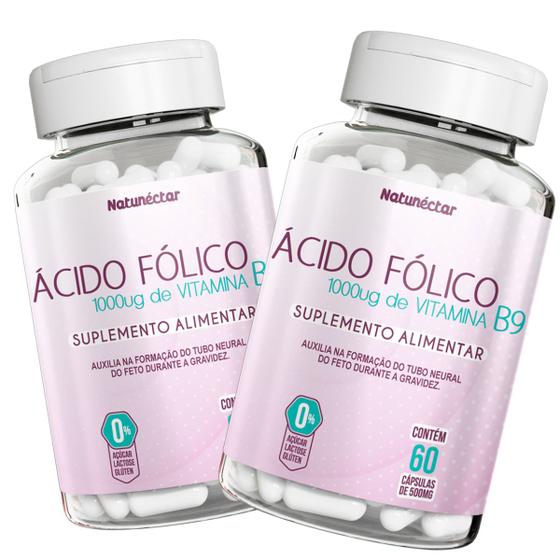 Kit 2 Potes Ácido Fólico Ativo 120 Cápsulas Gestante 1000ug Vitamina B9 ...