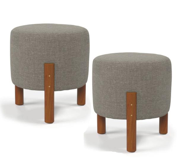 Kit 2 Puff Banquinho Decorativo Redondo em Linho Luxo Pés Madeira ...