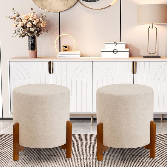 Kit 2 Puff Catânia em Linho Bege Base em Madeira - LOJAS VIVAN - Puffs - Magazine Luiza