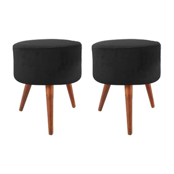 Kit 2 Puffs Redondos Loren Estofado em Veludo Preto e Pés em Madeira ...