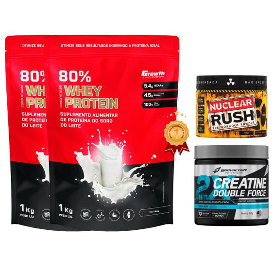 Kit 2 Whey Gourmet 1kg Growth Pre Treino E Creatina Top Growth