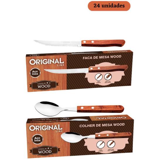 Kit 24 Colher e Faca de Mesa Wood Inox Com Cabo de Madeira Para Bar ...