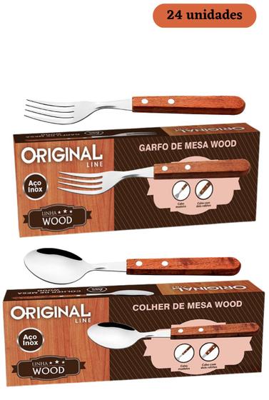Kit 24 Talheres Garfo e Colher de Mesa Wood Inox Com Cabo de Madeira ...