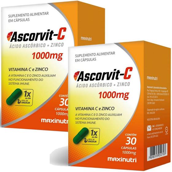 Kit 2x Ascorvit C 1000mg - Vitamina C + Zinco - 30 Cápsulas - Maxinutri ...