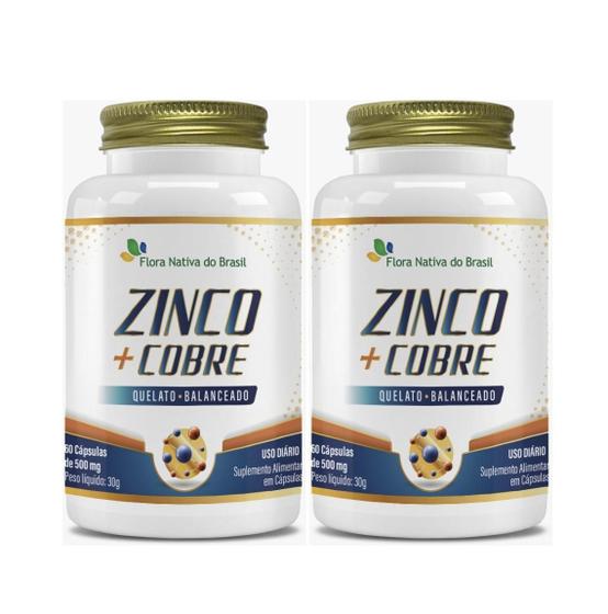 Kit 2x Suplemento Alimentar Zinco com Cobre 500mg 60 cápsulas Flora Nativa - Kit de Suplementos ...