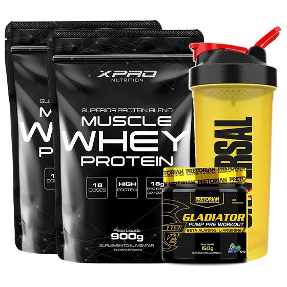 Kit 2x Whey Muscle Whey 900g - XPRO + Pré-treino Gladiator 150g -Pretorian + Coqueteleira ...