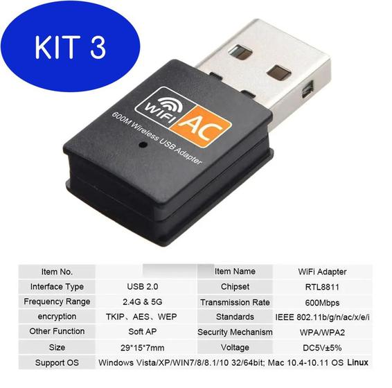 Kit 3 Adaptador Receptor Wireless Usb Wi-Fi 5Ghz Dual Band - Lintech ...