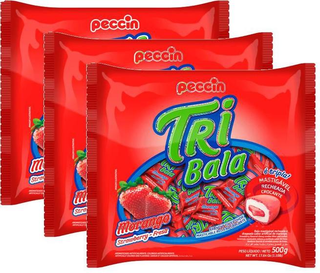 kit 3 Bala Recheada Peccin TriBala Sabor Morango Saco 500g - Balas ...