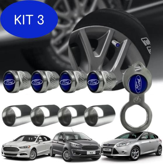 Kit 3 Bico Pneu Cromado Roda Válvula Antifurto Ford Azul - Metal - Rvt ...