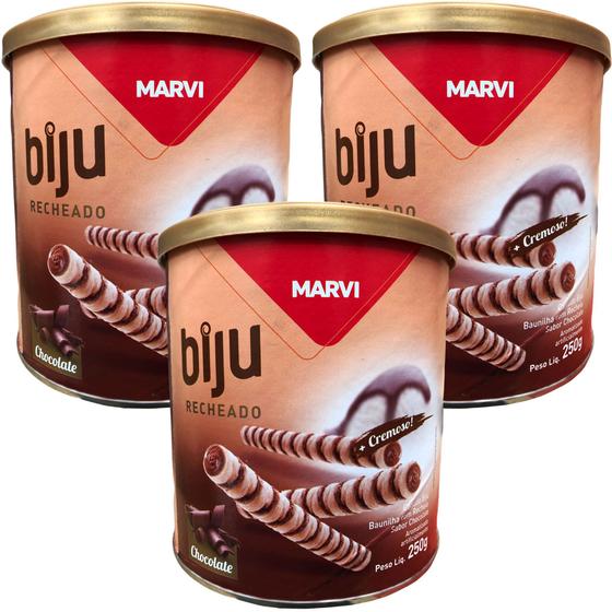 Kit 3 Biscoito Canudo Biju Recheado de Chocolate Lata 250g Marvi ...