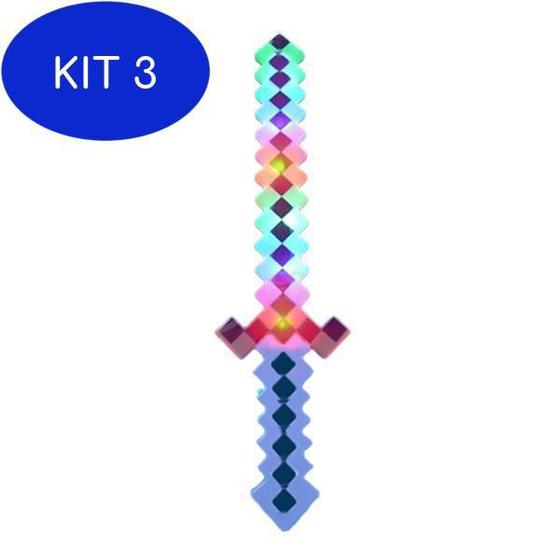 Kit 3 Brinquedo Espada Pixel Minecraft 58Cm Som E Luz - Azul Nº26 ...