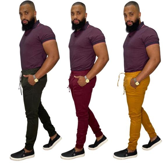 KIT 3 Calças Jogger Masculina Elastano Cordão Cós e Punho - ECXO ...