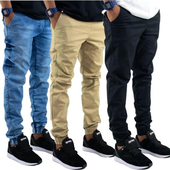 Kit 3 Calças Jogger Masculina Jeans Com Punho Elastico Varias Cores