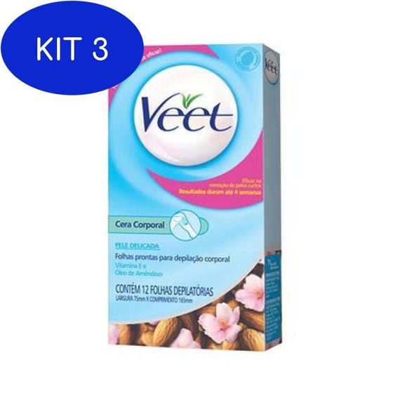 Kit 3 Cera Fria Corp Veet Folhas Dep Pele Delicada 12 Unidades - Folhas ...