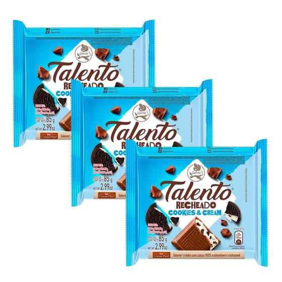 Kit 3 Chocolate Garoto Talento Recheado Cookies e Cream 85g - Chocolate ...