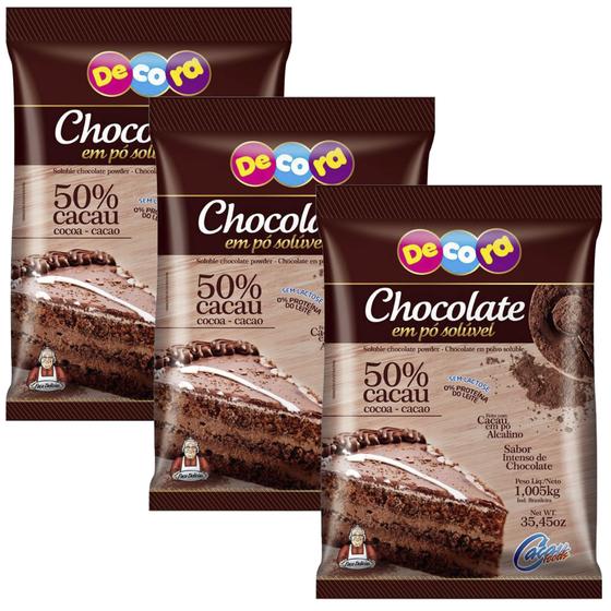 Kit 3 Chocolate Pó Solúvel 50% Cacau Decora 1,005kg - Decora Festa ...