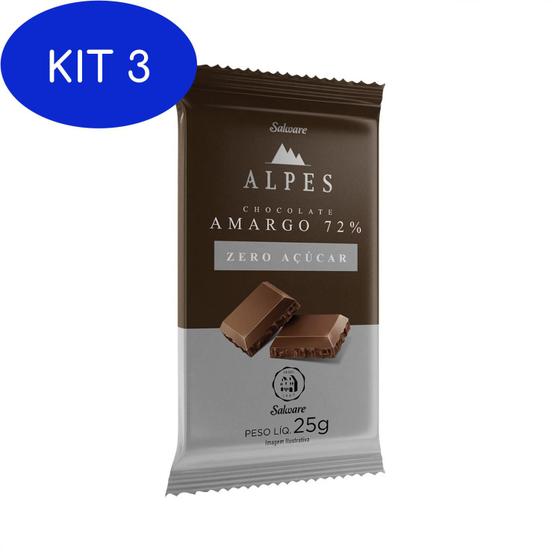 Kit 3 Chocolate Salware Alpes Amargo 72% Zero Açúcar 25G - Chocolate ...