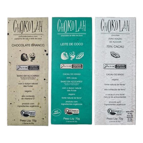 Kit 3 Chocolates Zero Açúcar Orgânico CHoKolaH: Branco, Ao Leite de ...