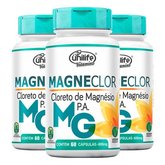 Kit 3 Cloreto de Mag. Magneclor 600mg Unilife 60 Cápsulas - Cloreto de Magnésio / Magnésio ...