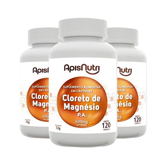 Kit 3 Cloreto de magnésio P.A Apisnutri 600mg 120 cápsulas - Cloreto de Magnésio / Magnésio ...