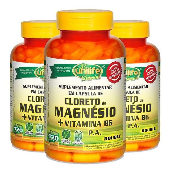 Kit 3 Cloreto de Magnésio P.A. com Vitamina B6 - 120 cápsulas - Unilife - Cloreto de Magnésio ...