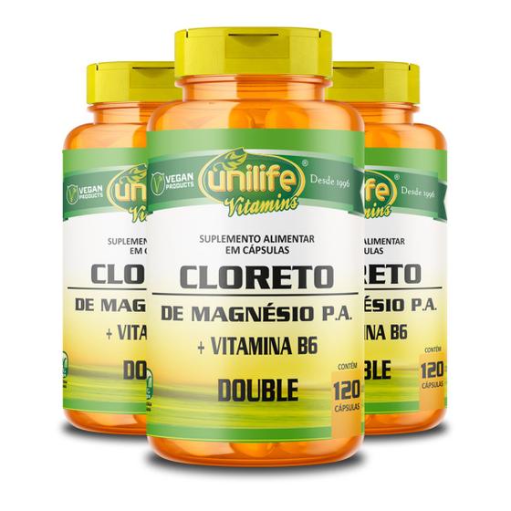 Kit 3 Cloreto de Magnésio P.A. mais Vitamina B6 Unilife 120 cápsulas 810mg - Cloreto de Magnésio ...