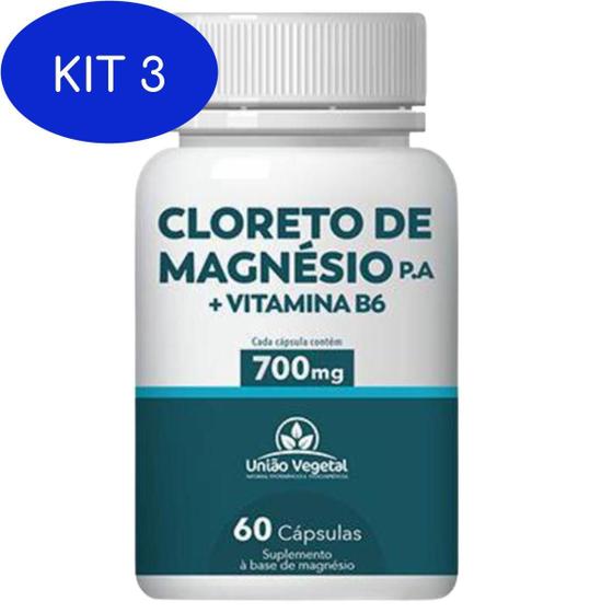 Kit 3 Cloreto De Magnésio P.A. + Vitamina B6 700Mg - 60 Cápsulas - União Vegetal - Cloreto de ...