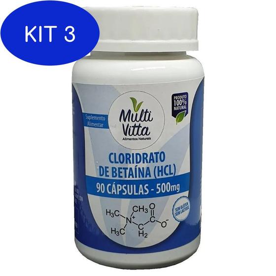 Kit 3 Cloridrato De Betaína Hcl 500 Mg 90 Cáps. Multivitta ...